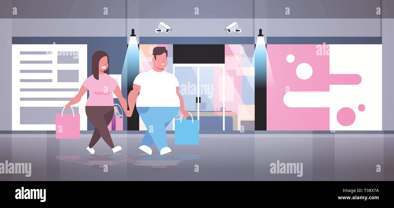 fat obese couple holding shopping bags big sale concept happy ...