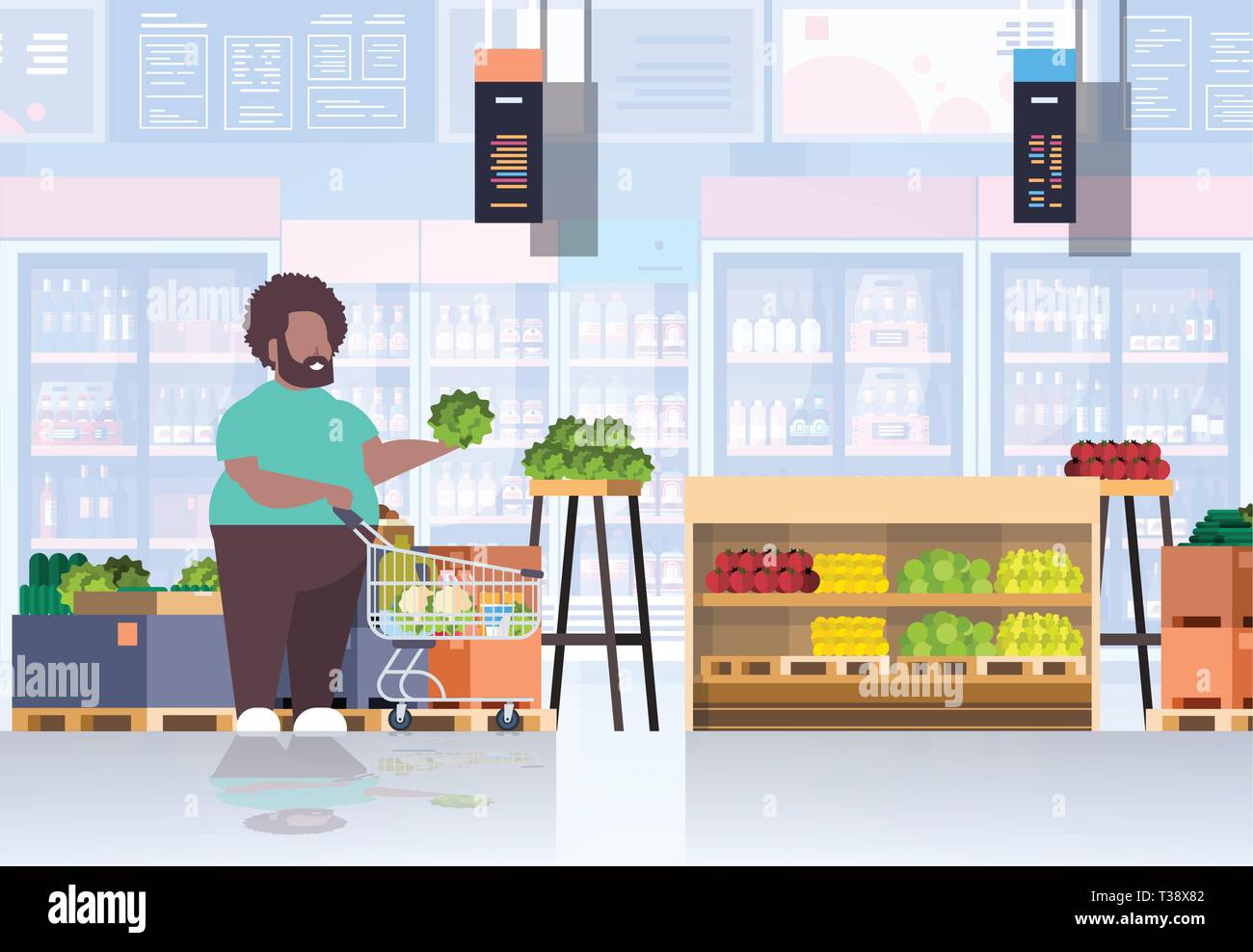 fat obese man with shopping trolley cart choosing vegetables and fruits ...
