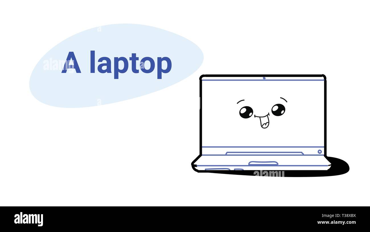 cute laptop cartoon comic character with smiling face happy emoji ...