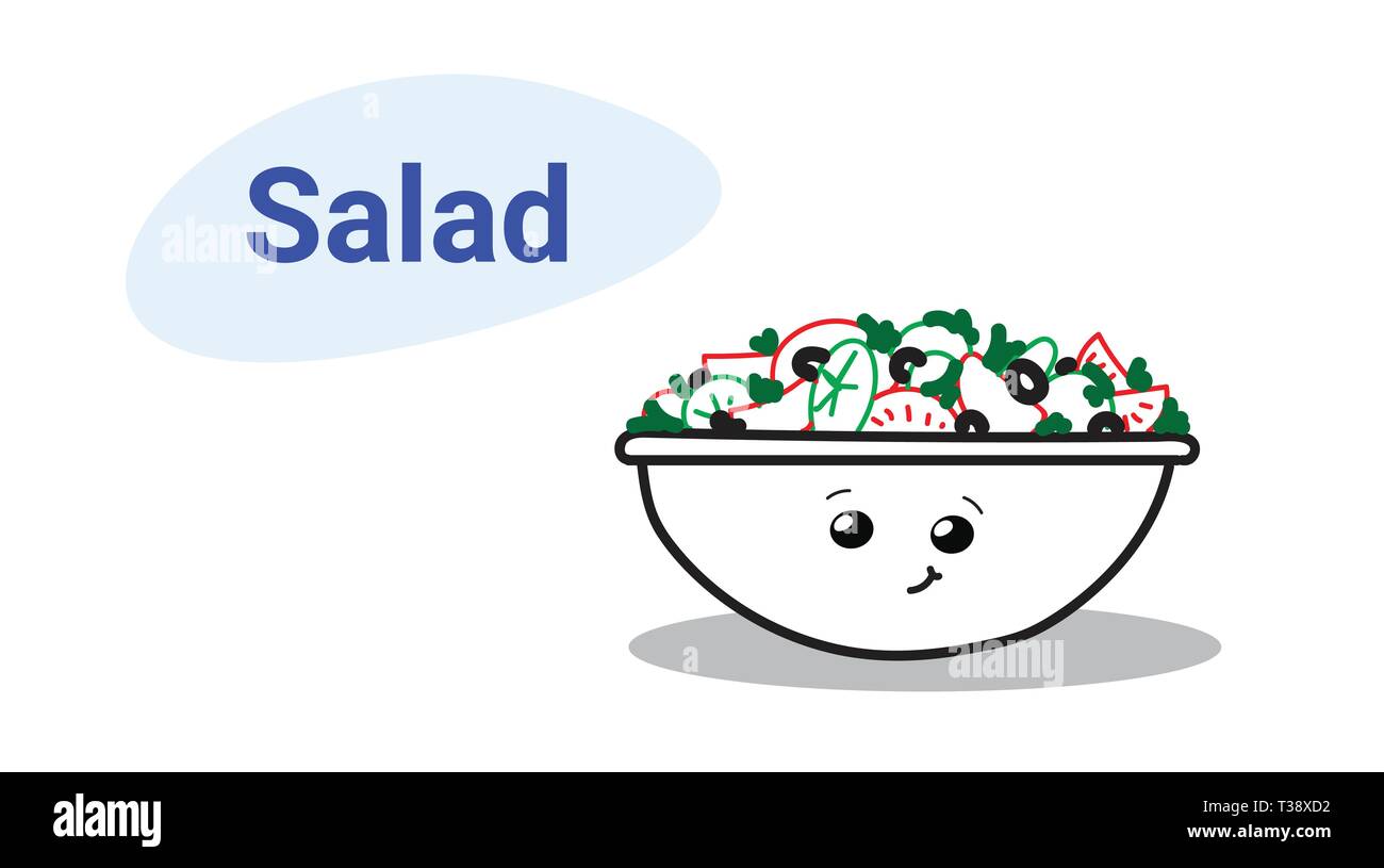 cute vegetable salad bowl cartoon comic character with smiling face ...