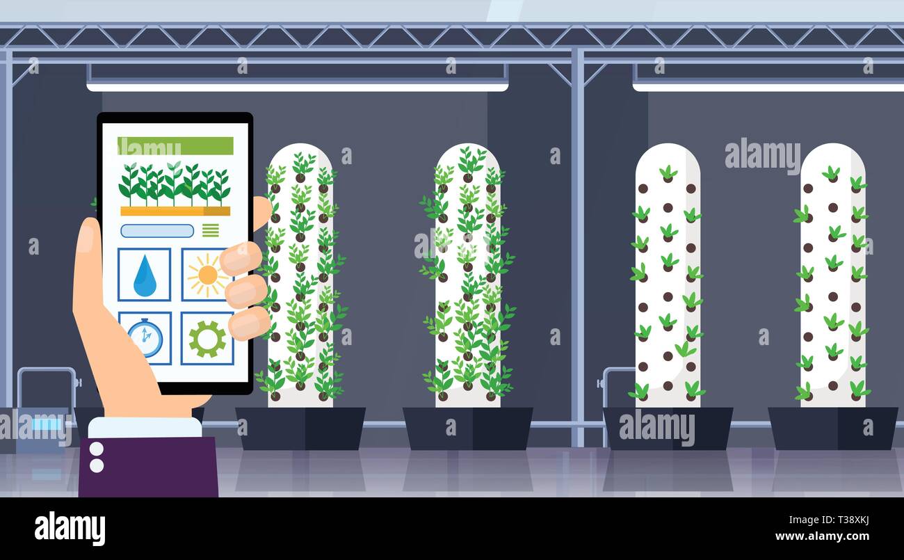 hand using mobile app smart control farming system agriculture concept ...