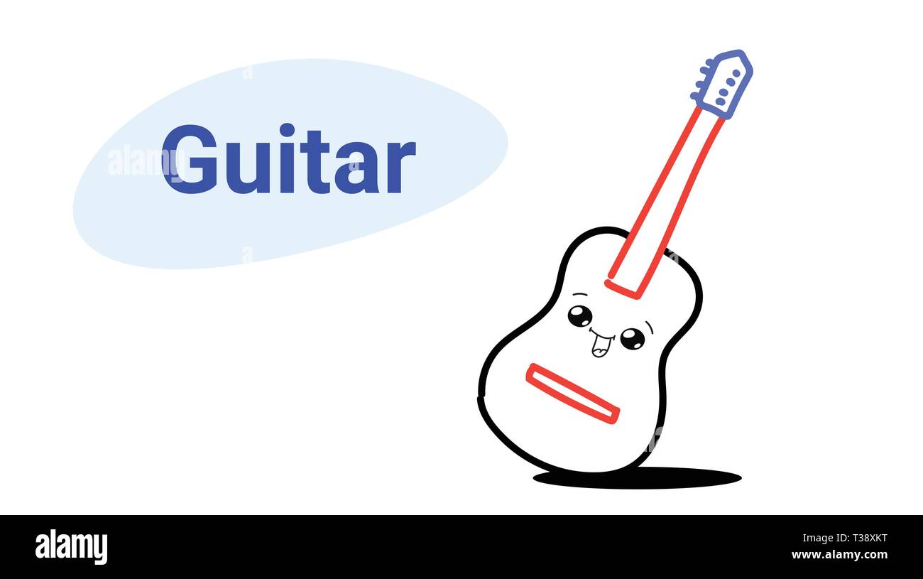 cute classic wooden guitar cartoon comic character with smiling face ...