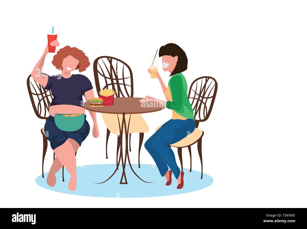 thin and fat women drinking juice and eating fast food during meeting ...