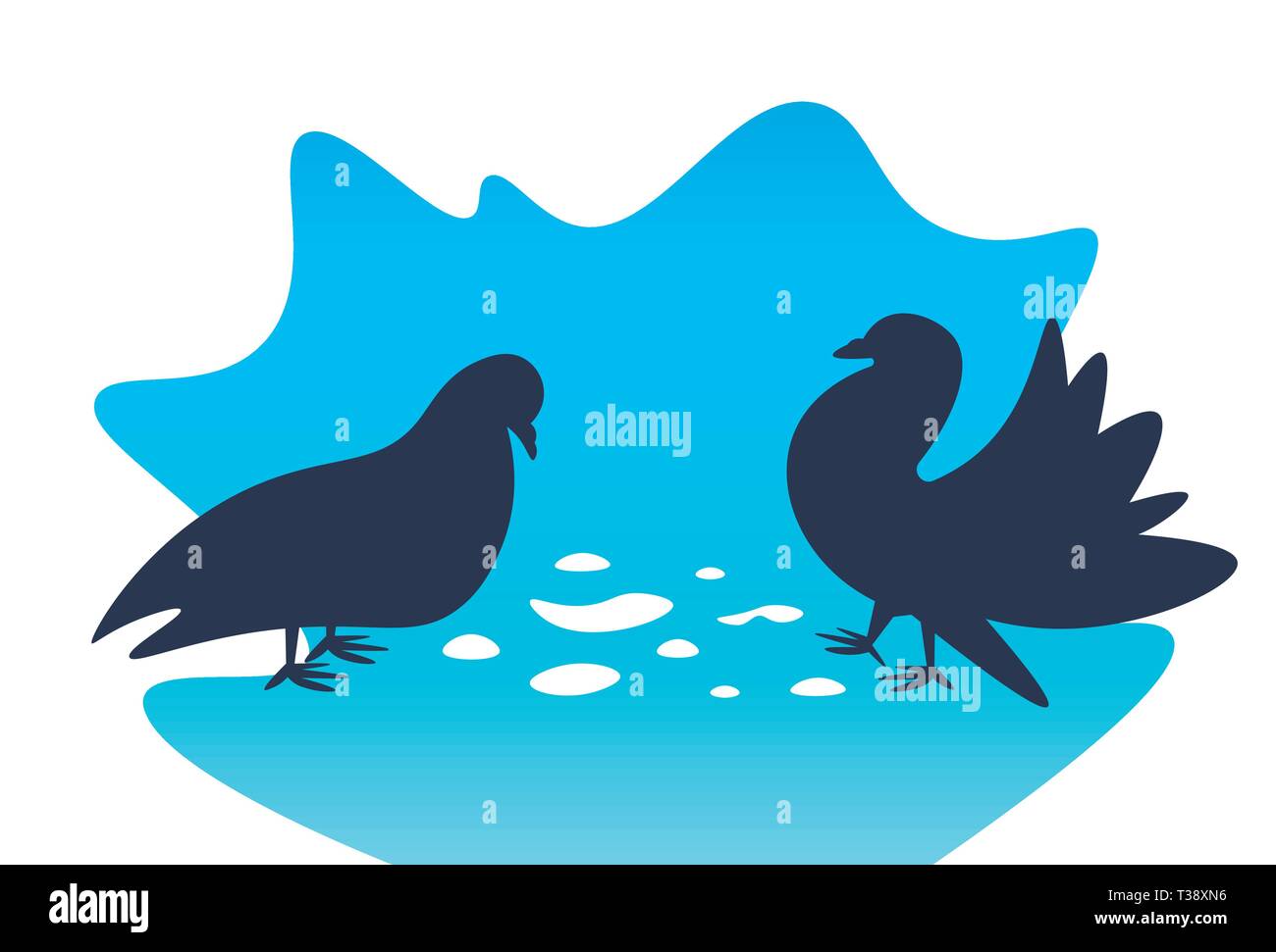 two funny pigeons walking and eating grains cartoon birds flat ...