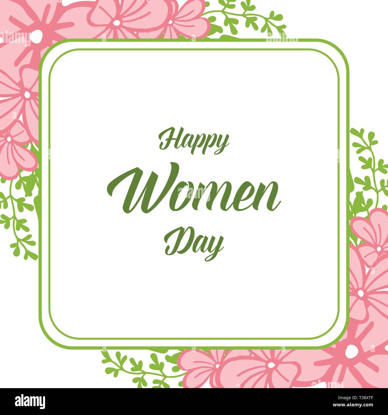 Vector illustration beauty green leafy flower frame with happy women ...