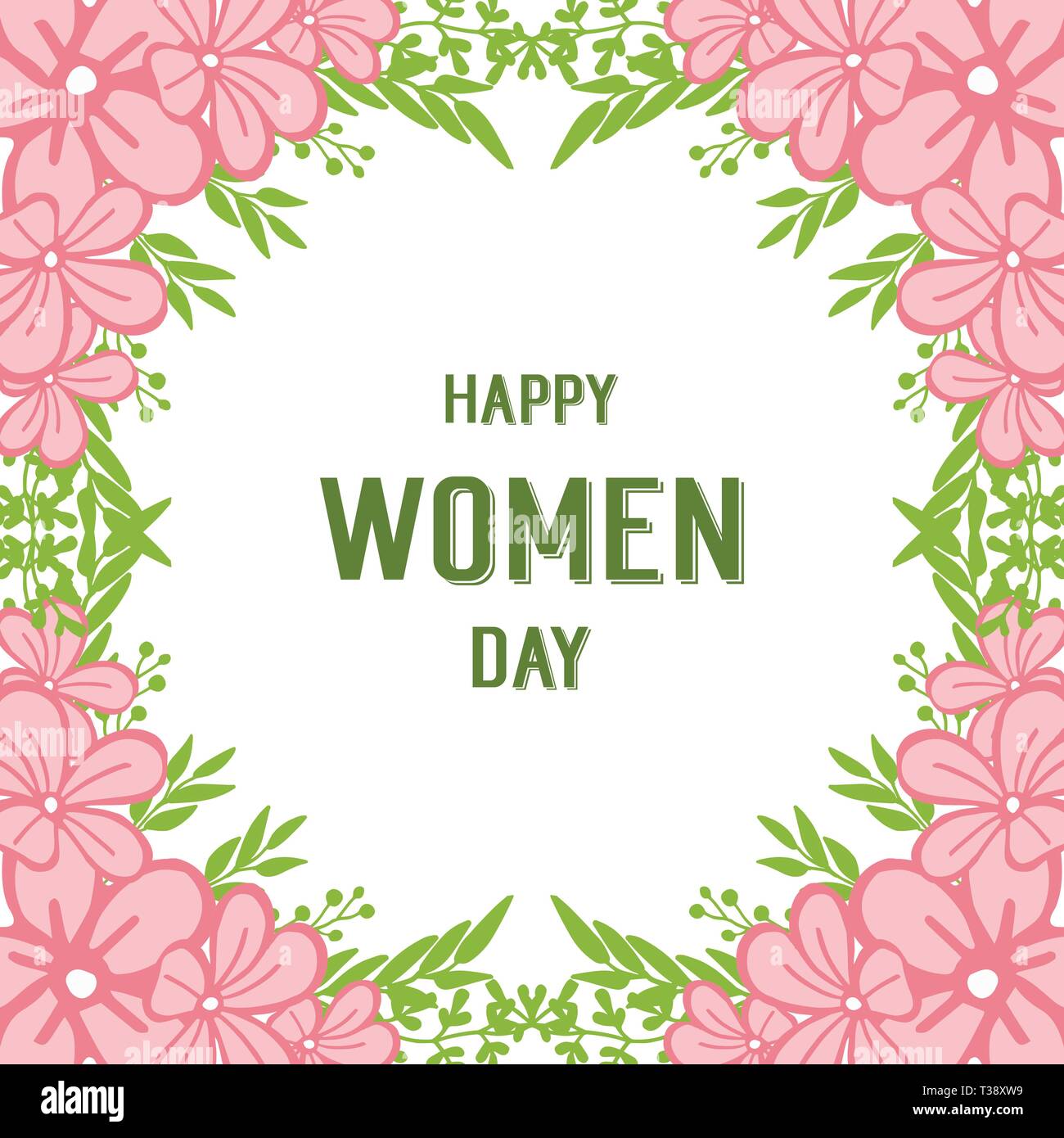 Vector illustration beauty green leafy flower frame with happy women ...