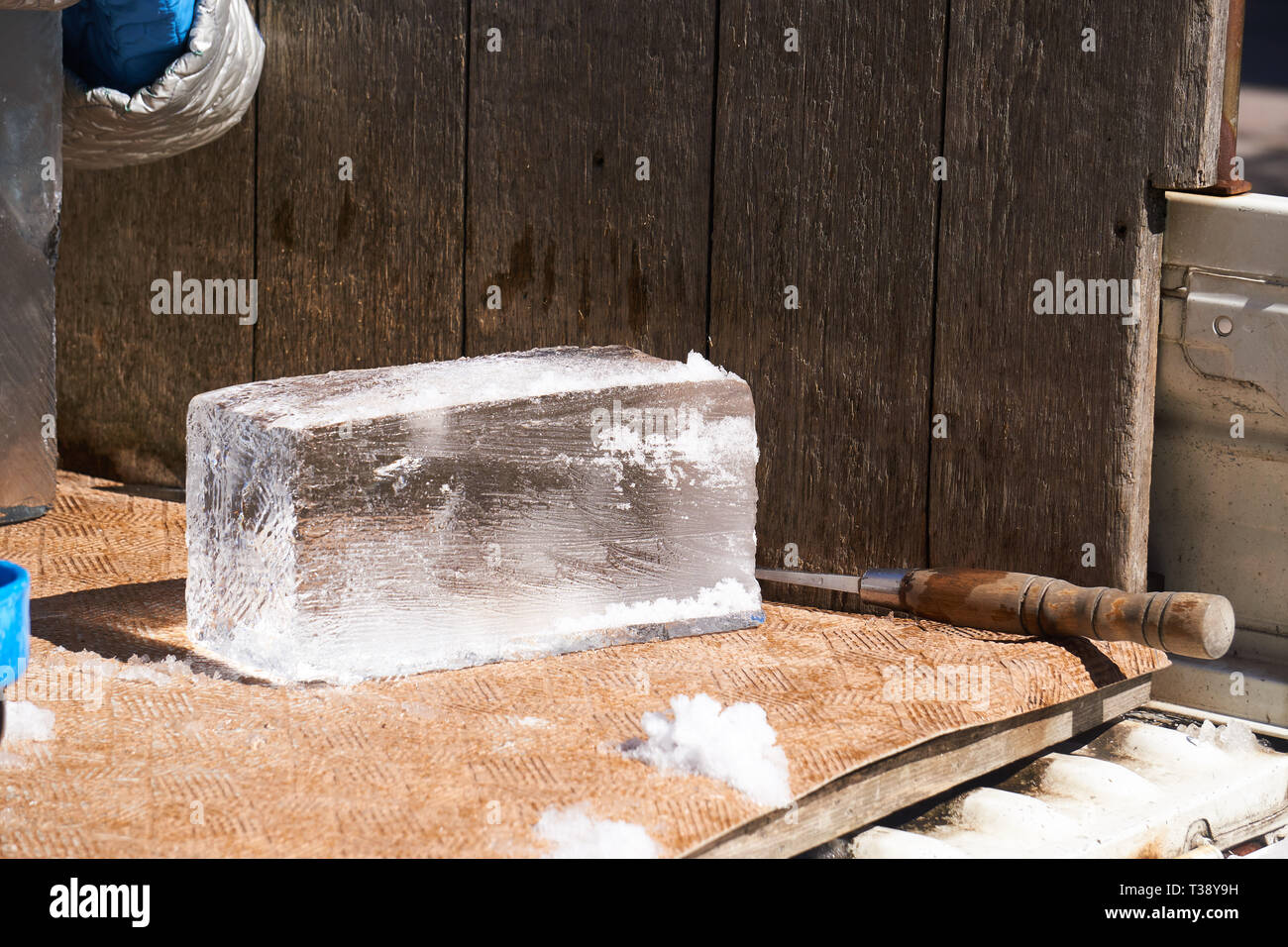 A block of ice and ice saw used by an ice cutter in Asakusa, Tokyo ...