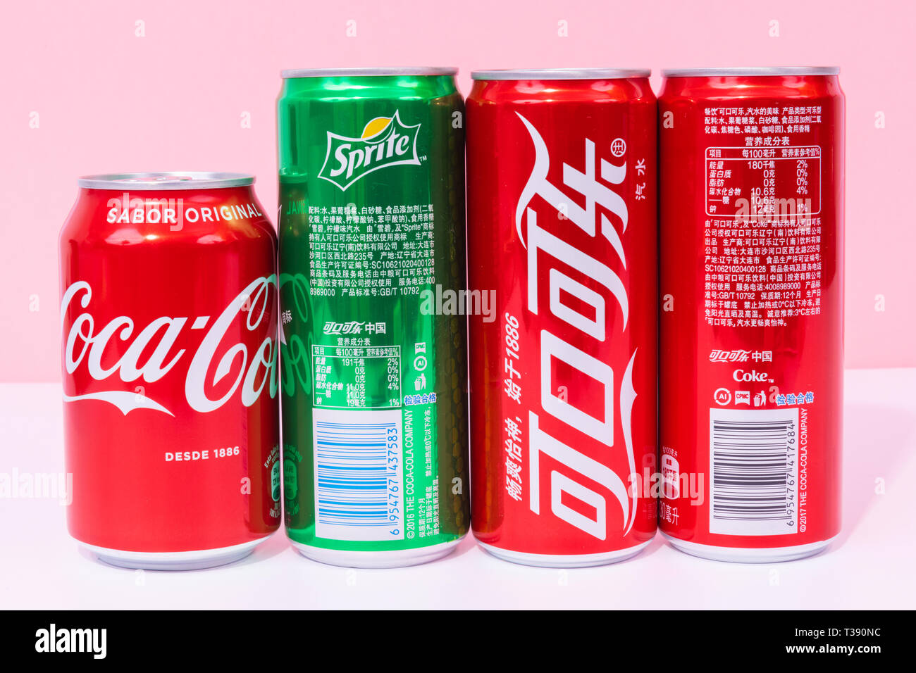 Peniscola , Castellon, Spain - april 07 2019 : three cans of Coca-Cola ...