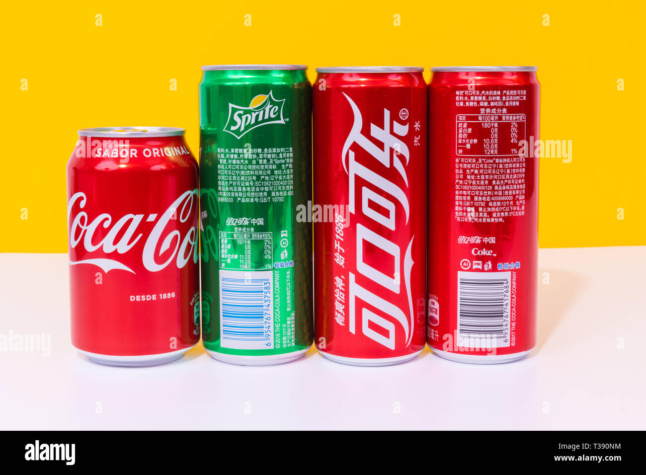 Peniscola , Castellon, Spain - april 07 2019 : three cans of Coca-Cola ...