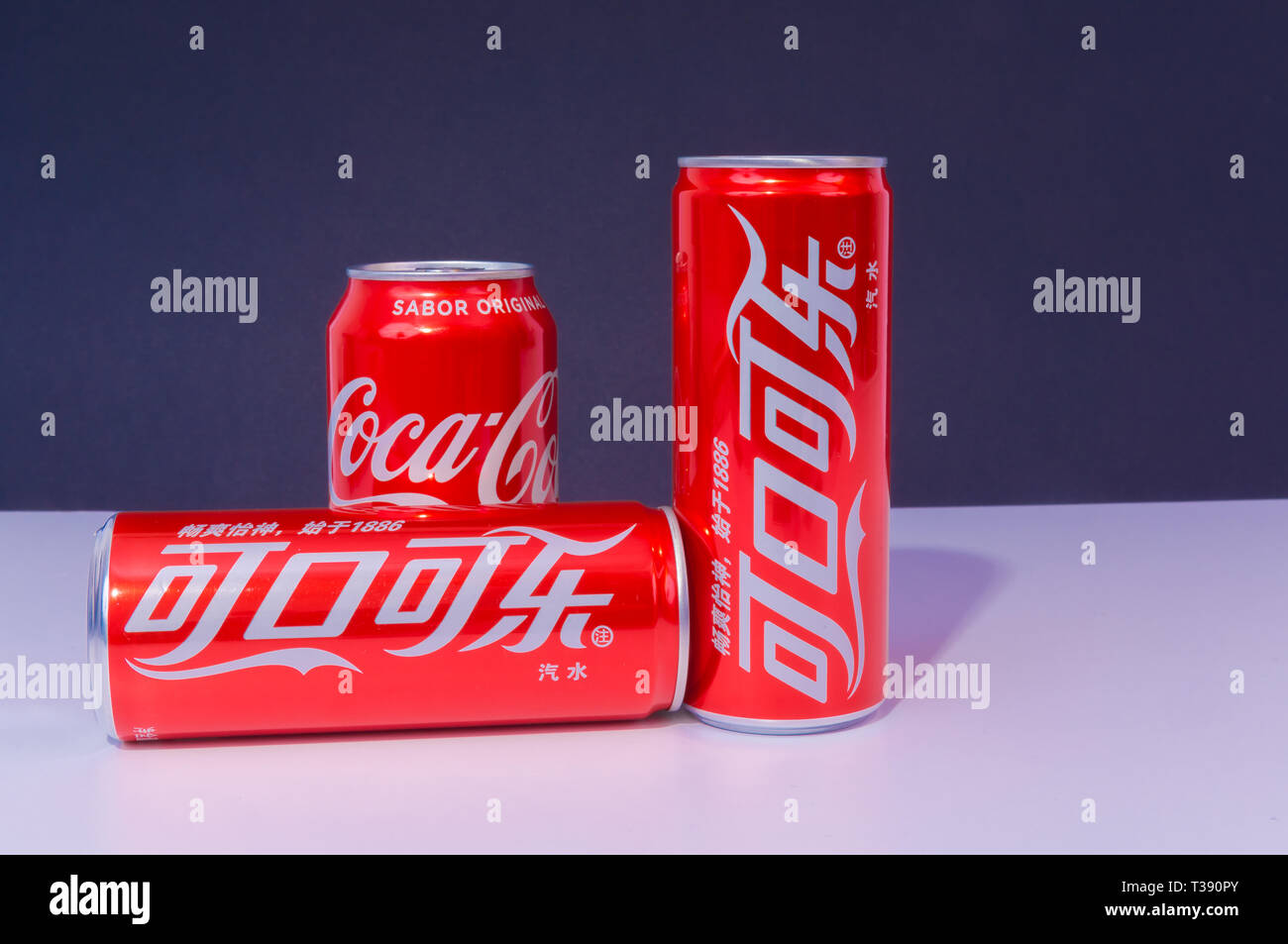 Peniscola , Castellon, Spain - april 07 2019 : three cans of coke, two ...