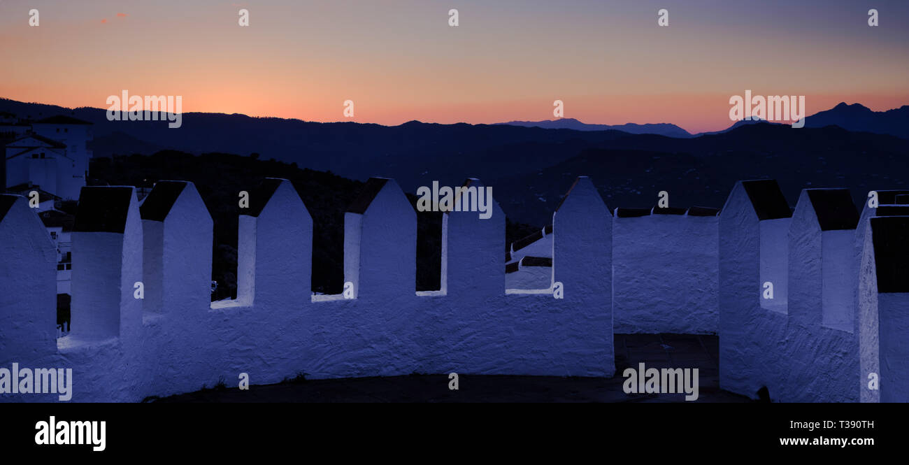 The walls of Castillo de Comares at dusk in Comares, Malaga, Axarquia ...