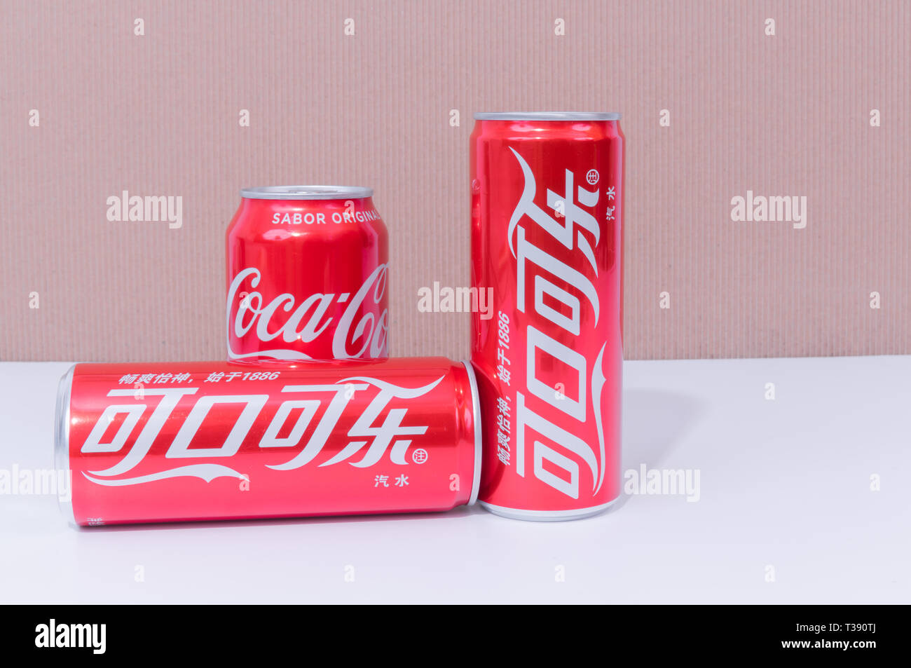 Peniscola , Castellon, Spain - april 07 2019 : three cans of coke, two ...