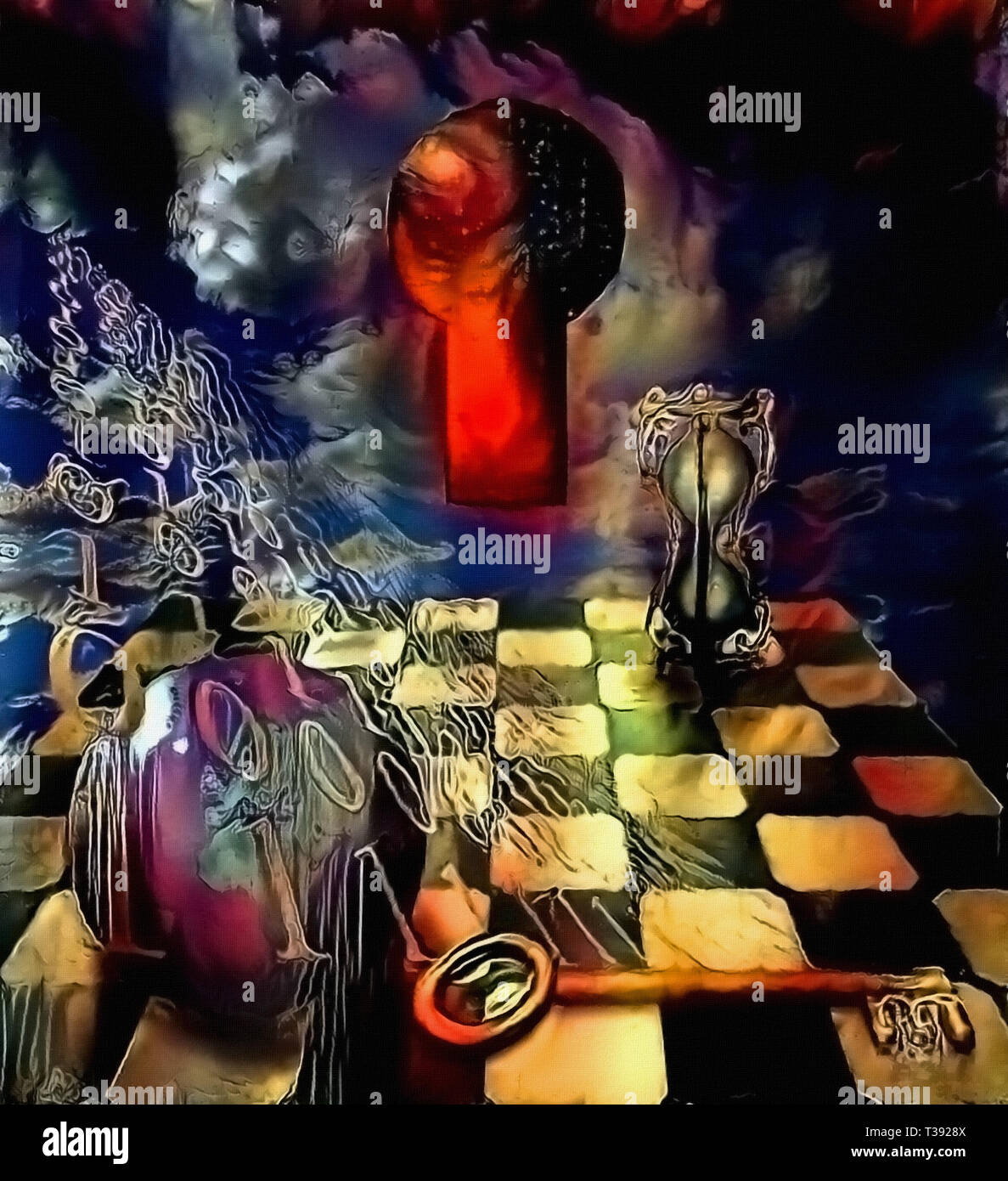 Symbolic composition. Earth globe and keyhole. Binary code, hourglass ...