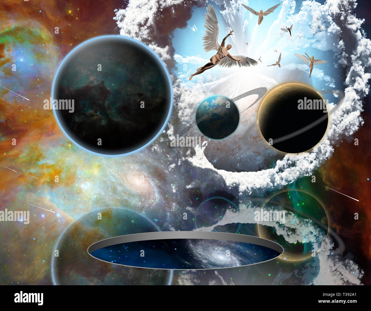 Surreal composition. Armageddon. Asteroids destroy planets. Angels fly ...