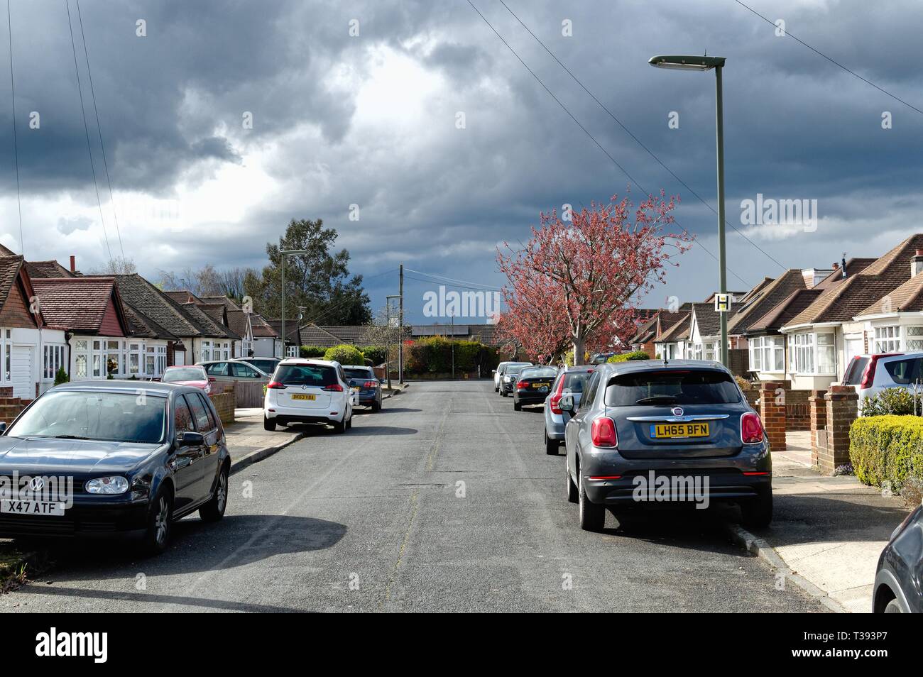 Bungalows in a suburban residential street in Shepperton Surrey England ...
