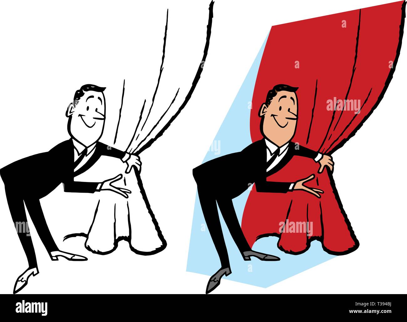 A man pulls back a red curtain to reveal something exciting Stock ...