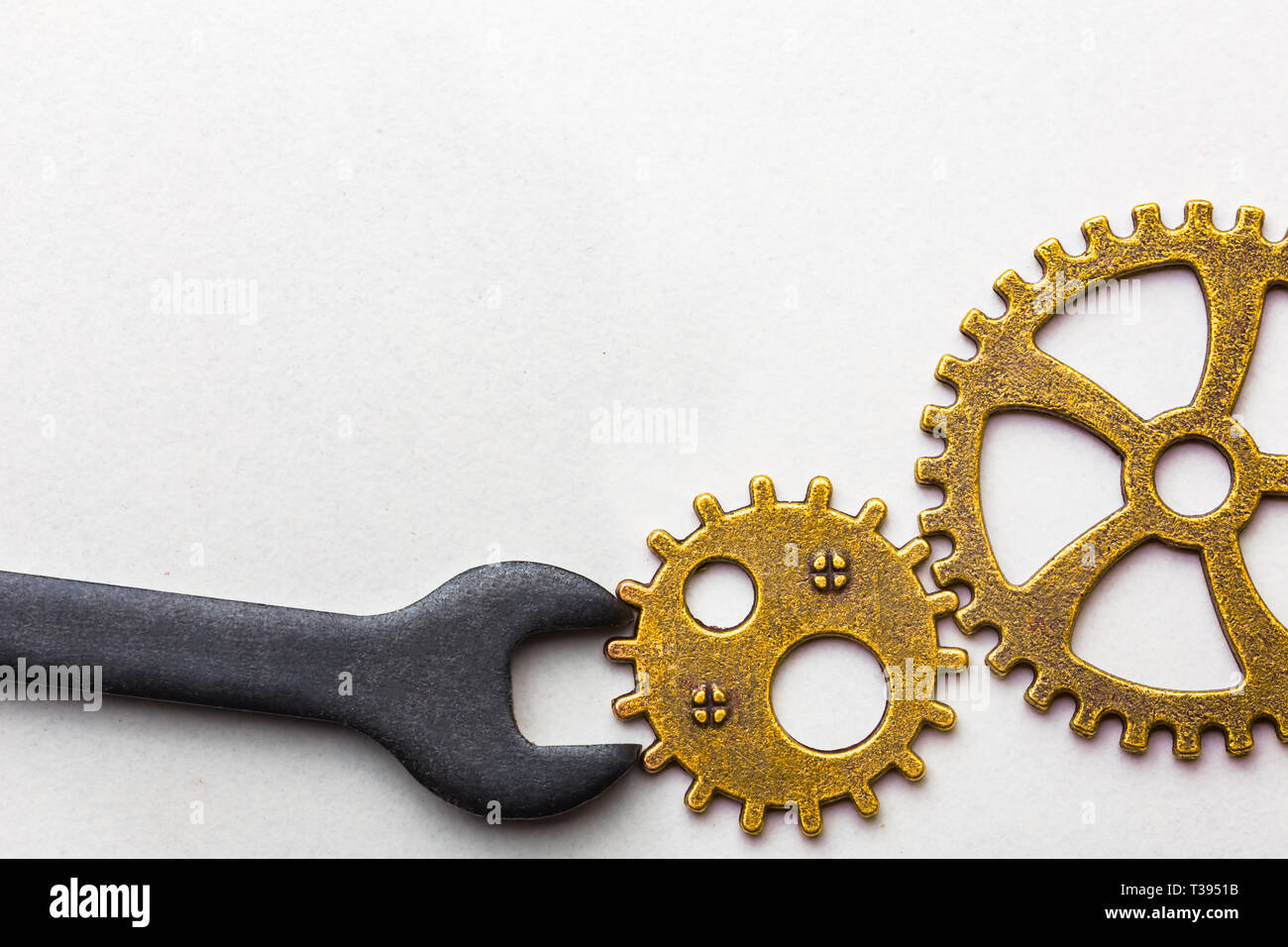 Top closeup view of gear wheels collection on white background with ...