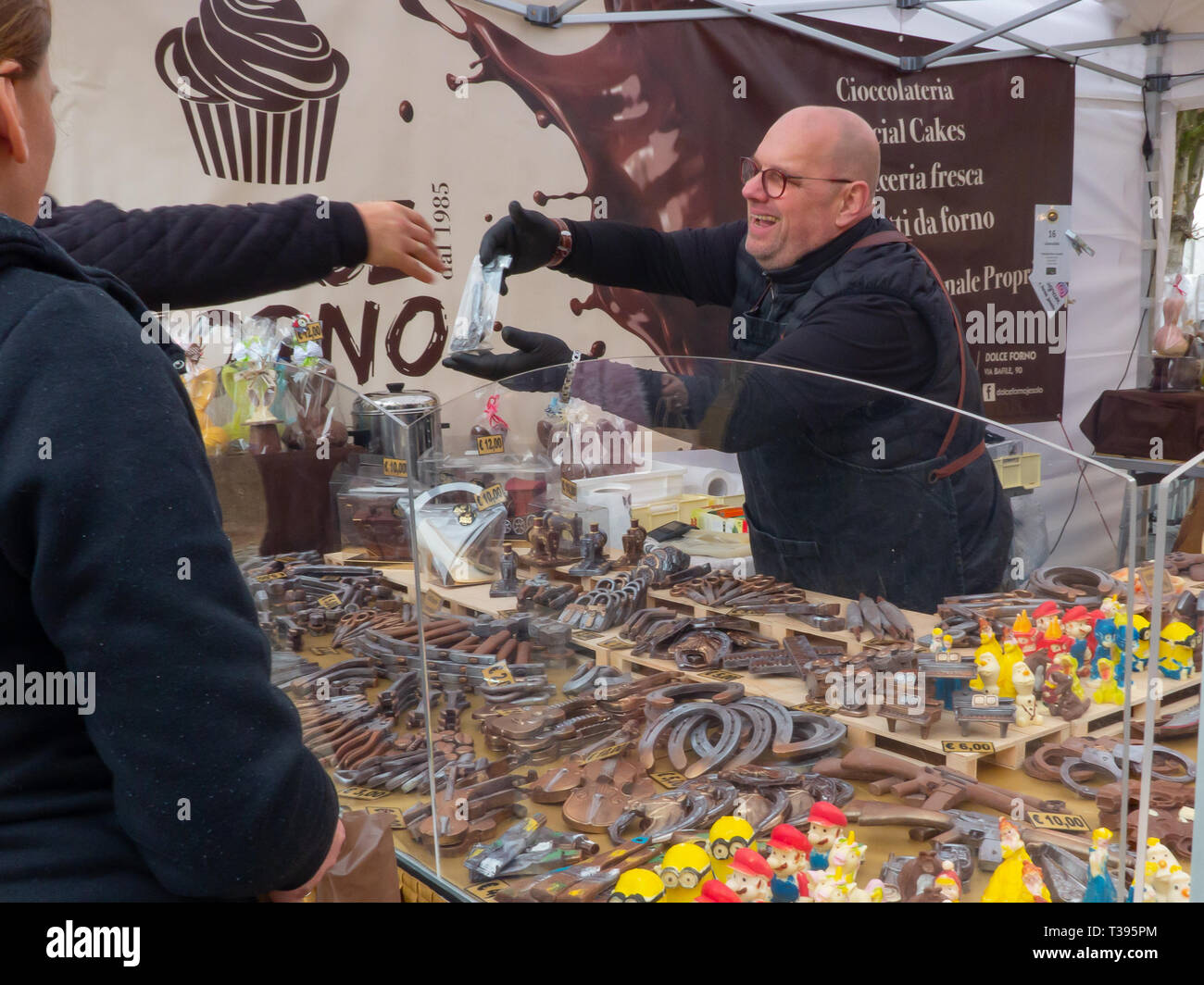 Neuwied, Germany - April 5, 2019: an italian salesman ist selling ...