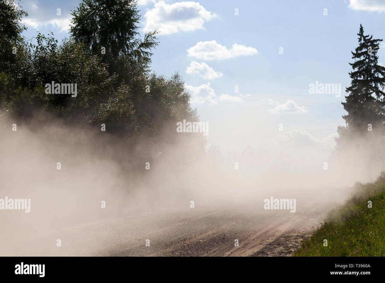 large amount of dust on the road after passing cars, rural area with ...