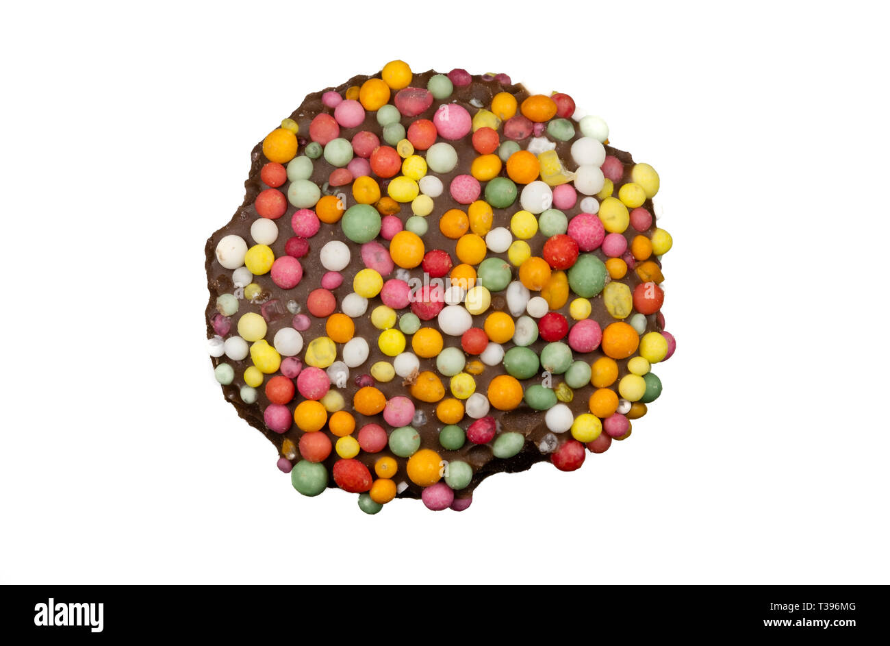 Macro image of a 'freckle', chocolate bud coated in sprinkles, isolated ...