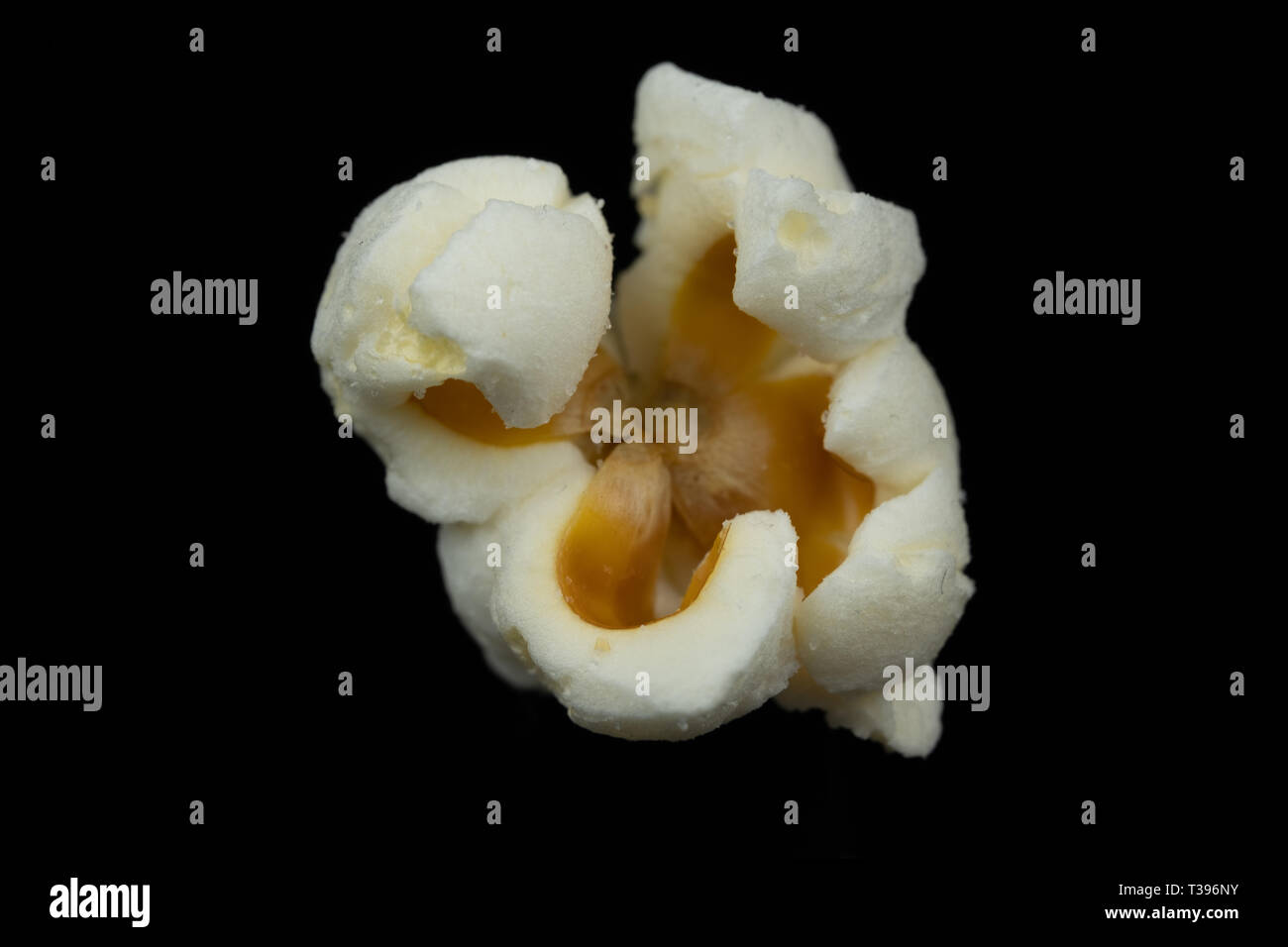 Macro image of a piece of popcorn isolated on a black background Stock ...