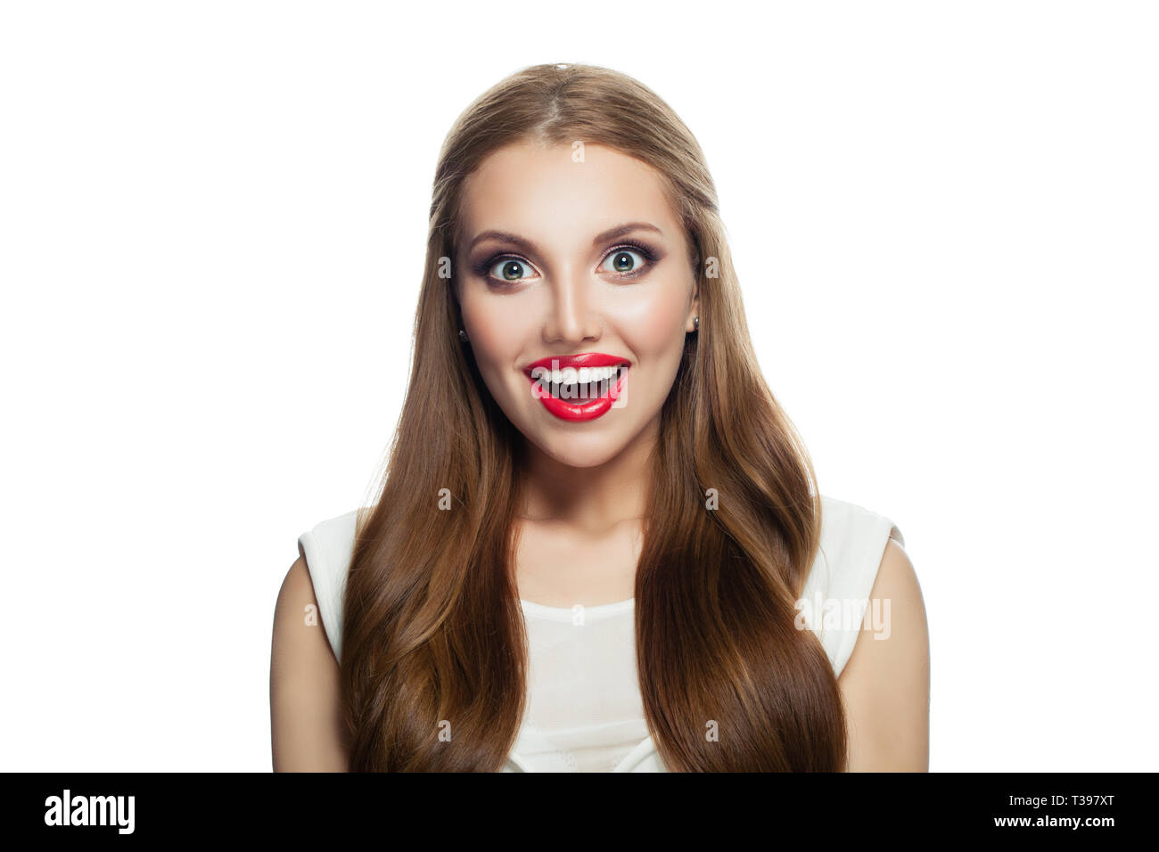 Happy excited woman isolated on white, portrait Stock Photo - Alamy