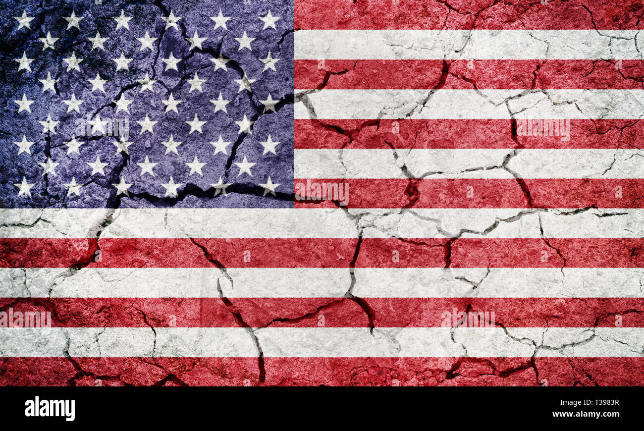 United States of America flag on dry earth ground texture background ...