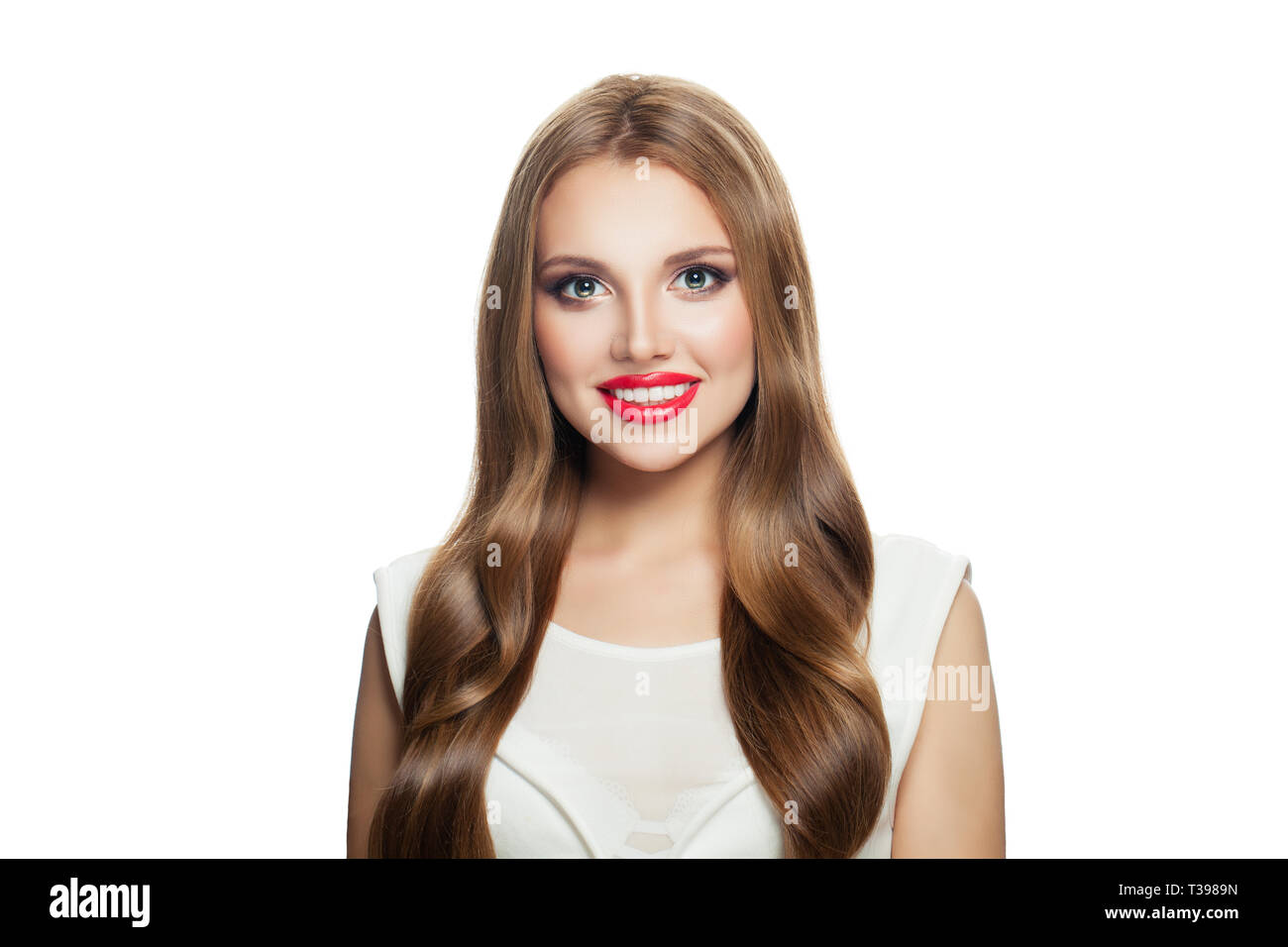 Smiling model woman with long healthy hair isolated on white background ...