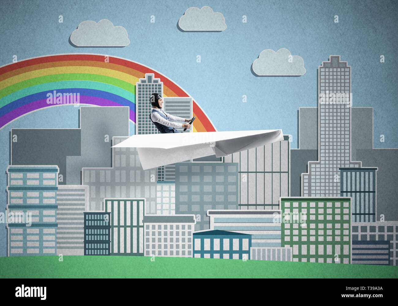 Aircraft pilot sitting in paper plane and holding steering wheel ...