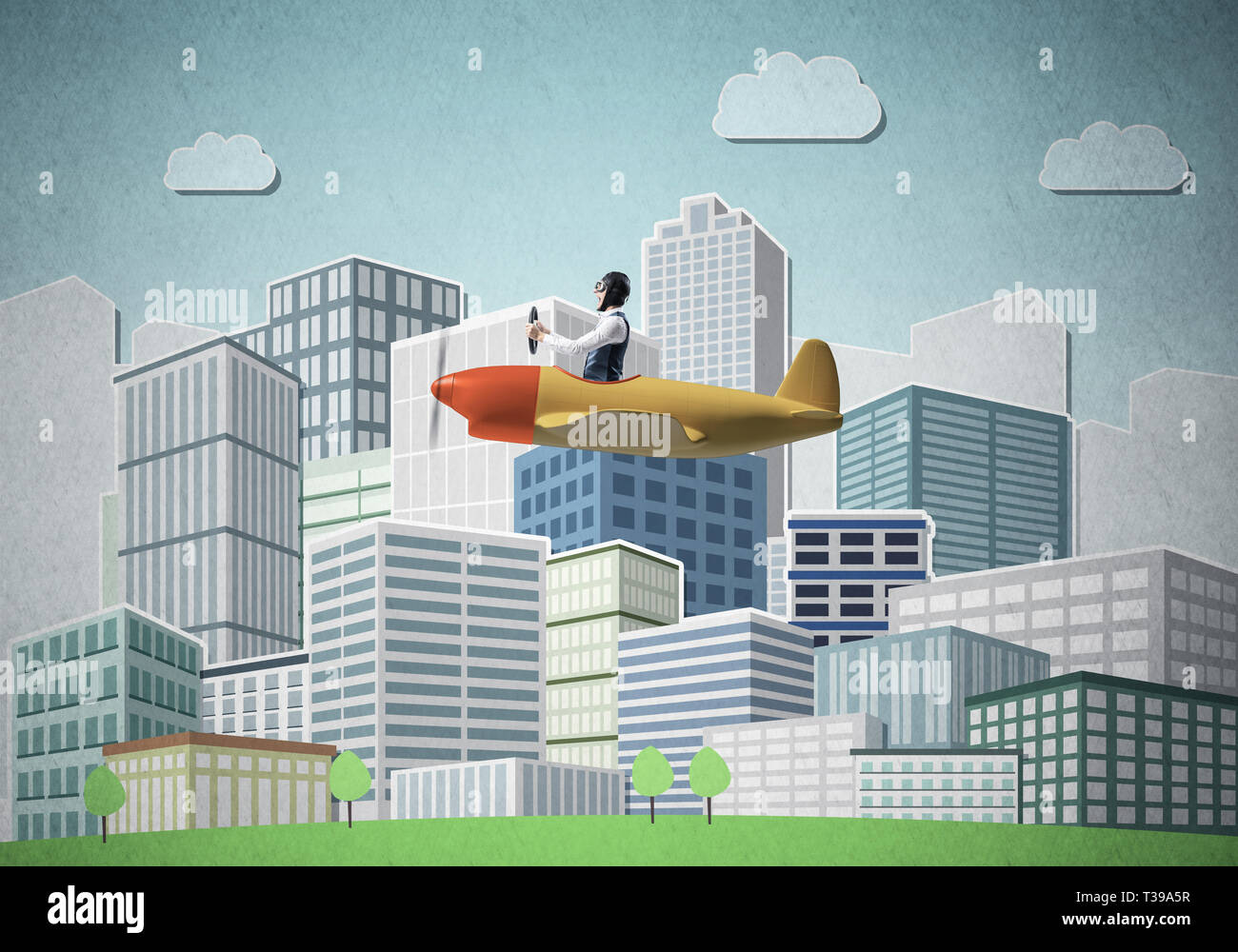 Aircraft pilot sitting in small propeller plane and holding steering ...