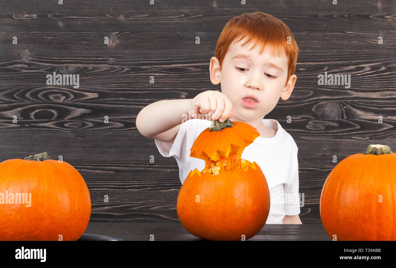 red-haired boy hides a pumpkin with surprise and disgust, looks What is ...