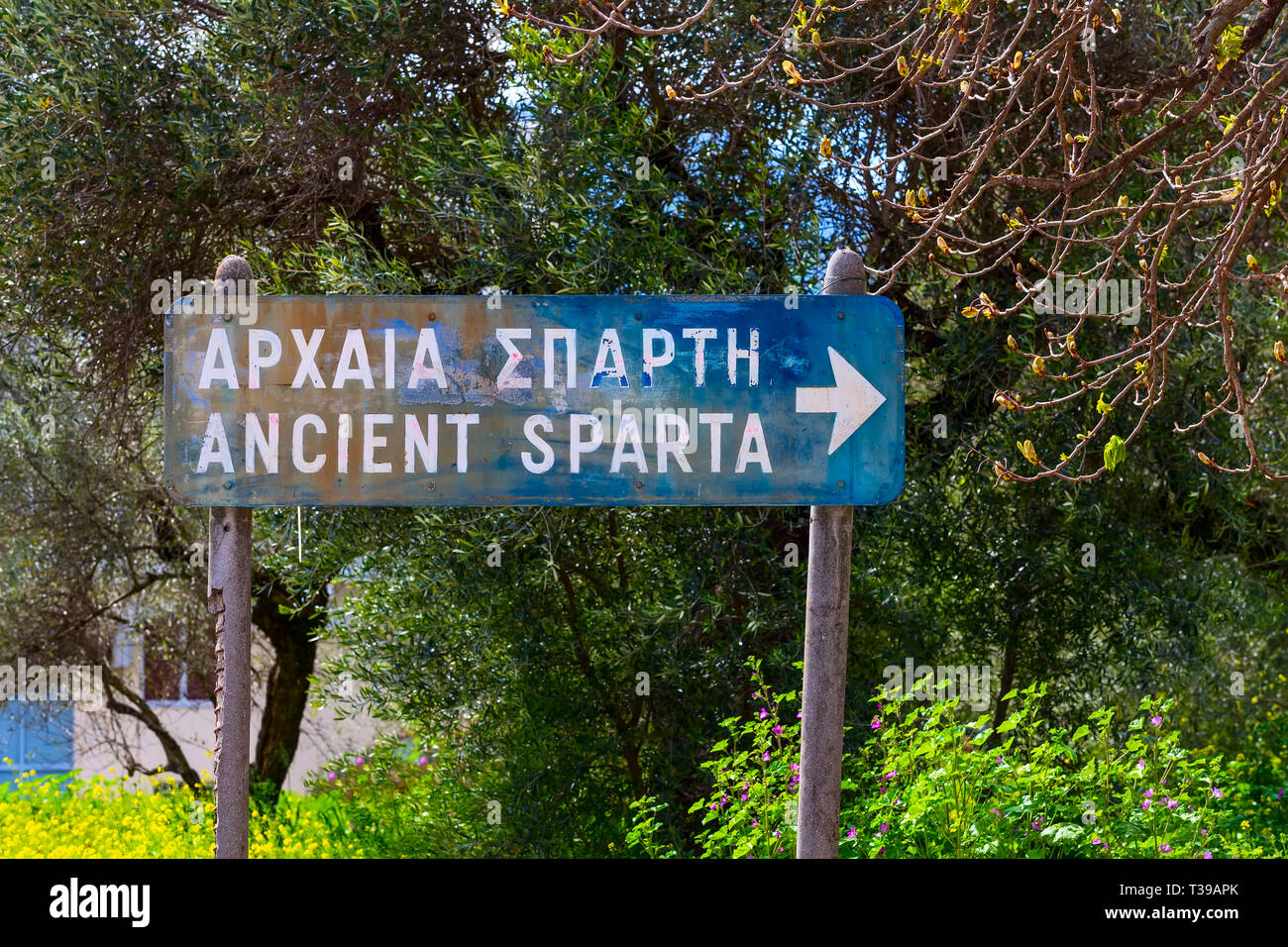 Sparta, Greece - March 29, 2019: Sign to Ancient Sparta site in ...