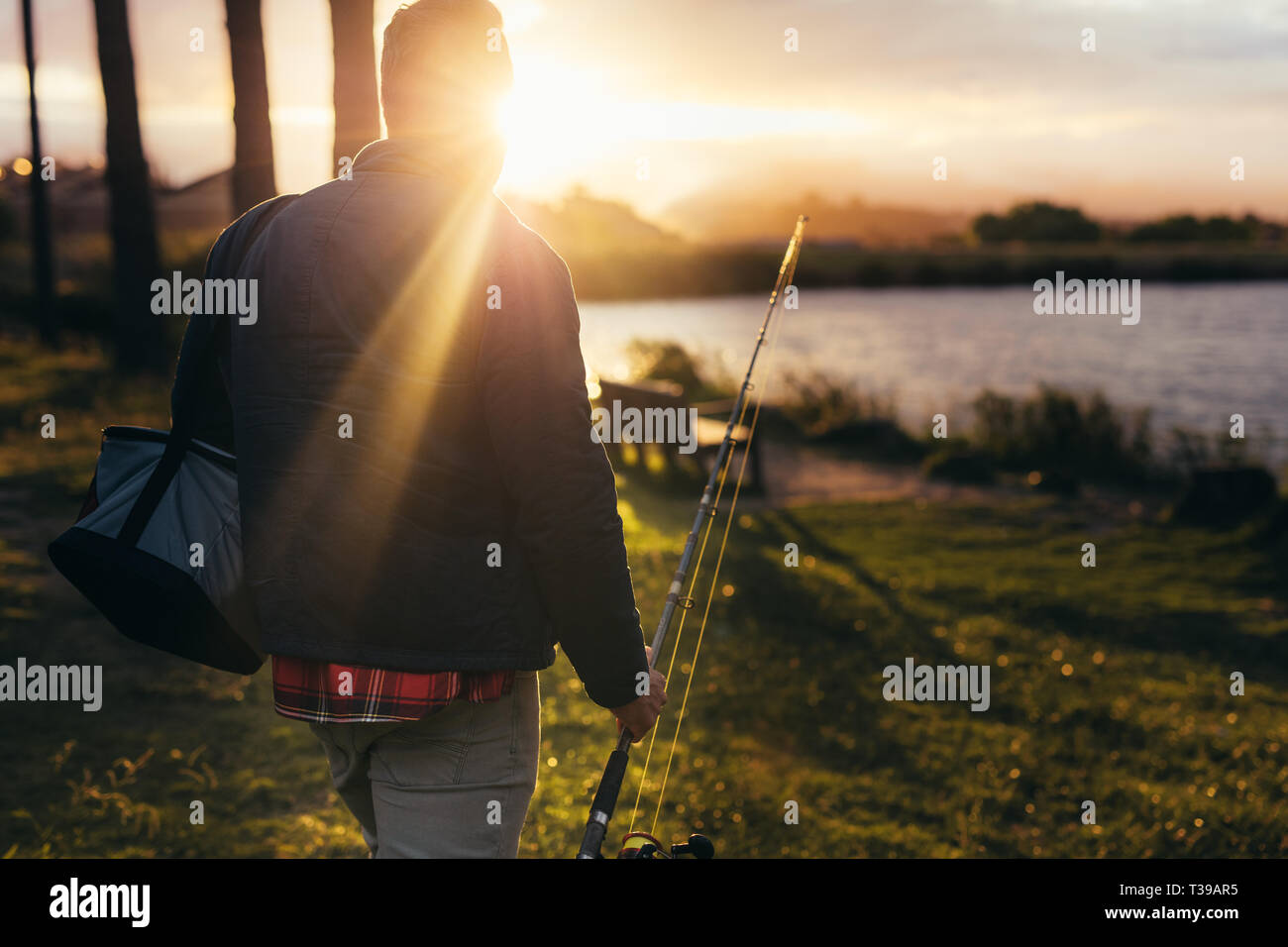 Rear view of a man walking towards a lake holding a fishing rod. Close ...