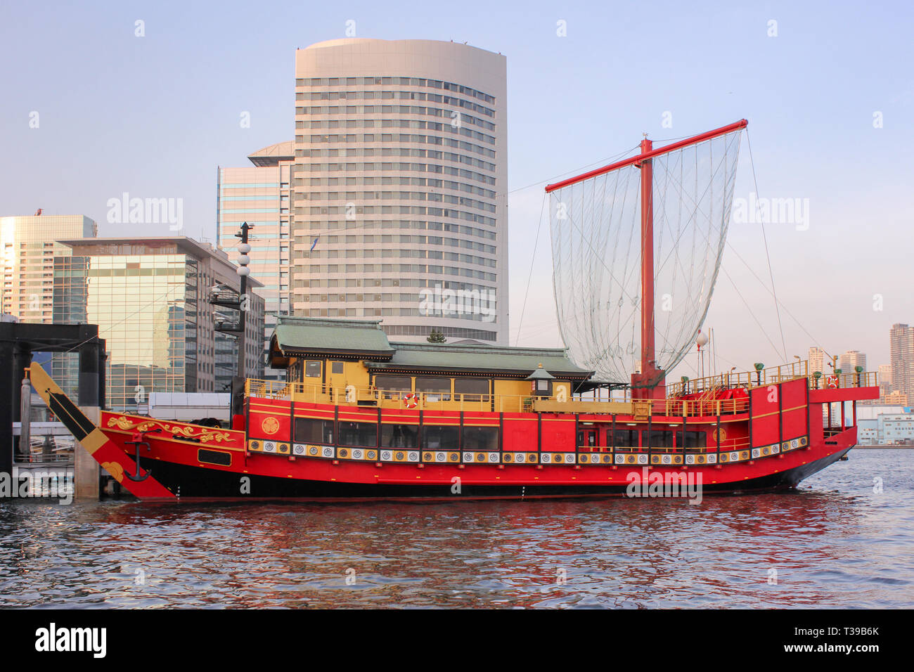 Red cruise yakatabune traditional japanese style on Tokyo bay, Japan ...