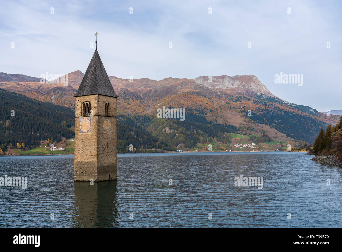 Church in the water at Lake Reschen in Tyrol in north Italy Stock Photo ...