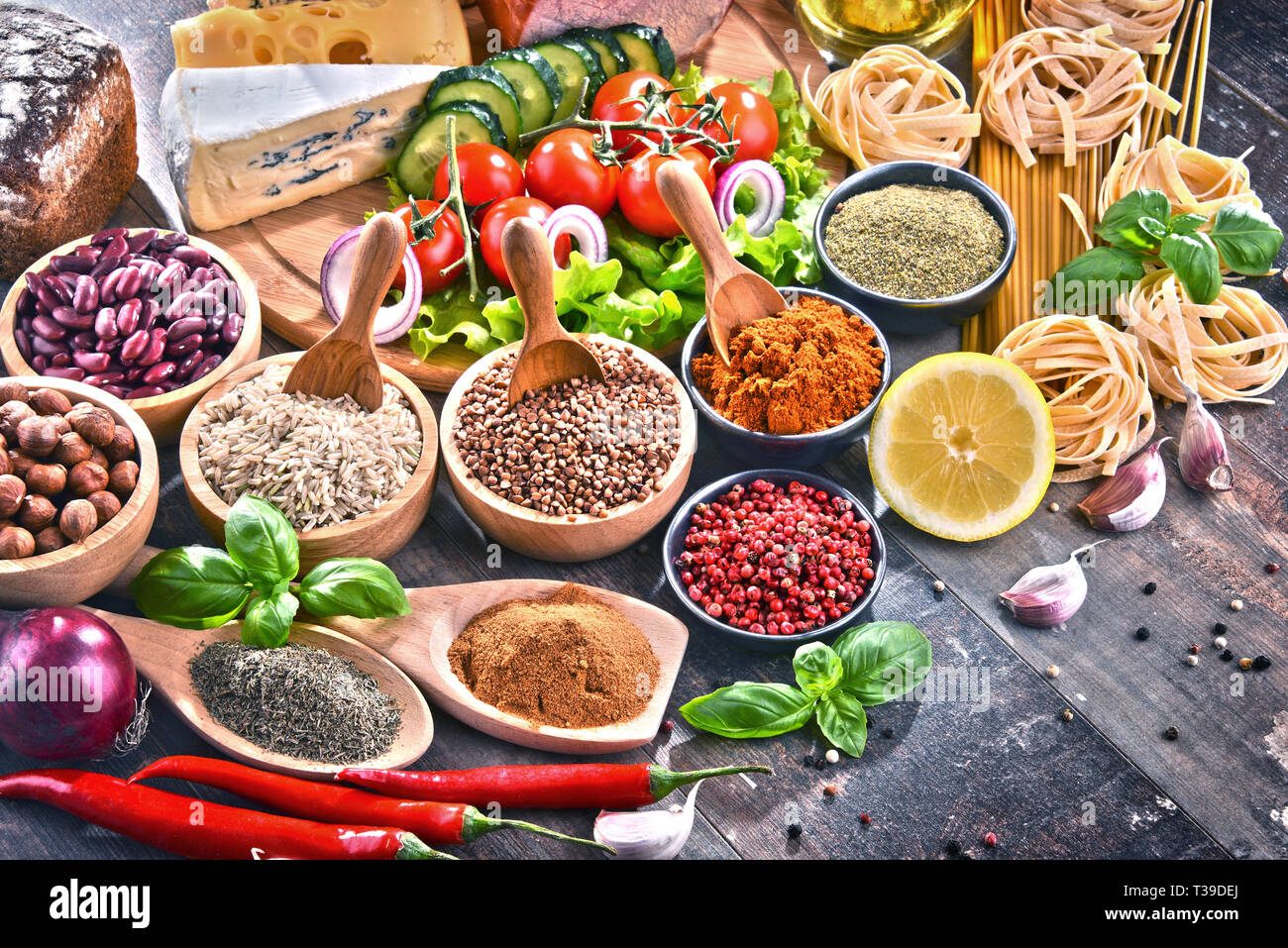 Composition with assorted organic food products on the table Stock ...