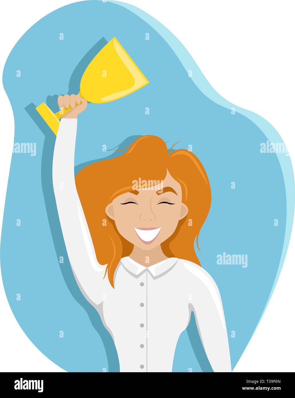 The lucky woman win the Cup. Girl with a prize in his hands. Isolated ...