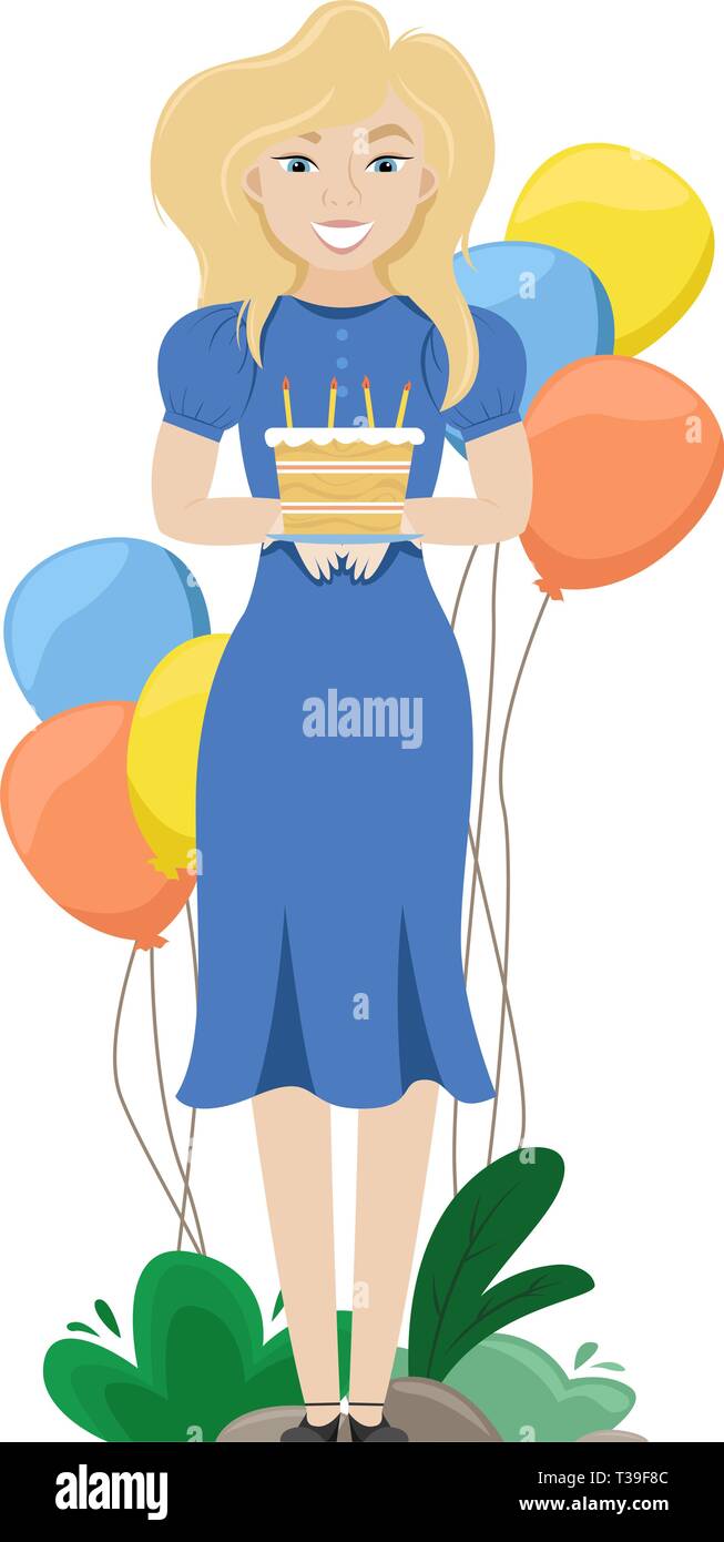Happy woman with birthday cake in her hands. Birthday. Balloon. Vector ...