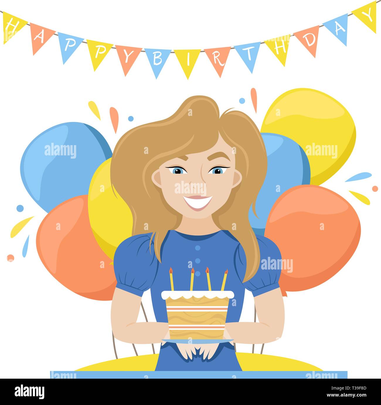 Happy woman with birthday cake in her hands. Birthday. Balloon. Vector ...