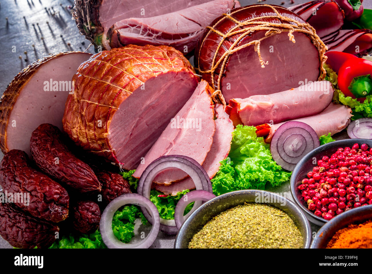 Composition with assorted meat products Stock Photo - Alamy
