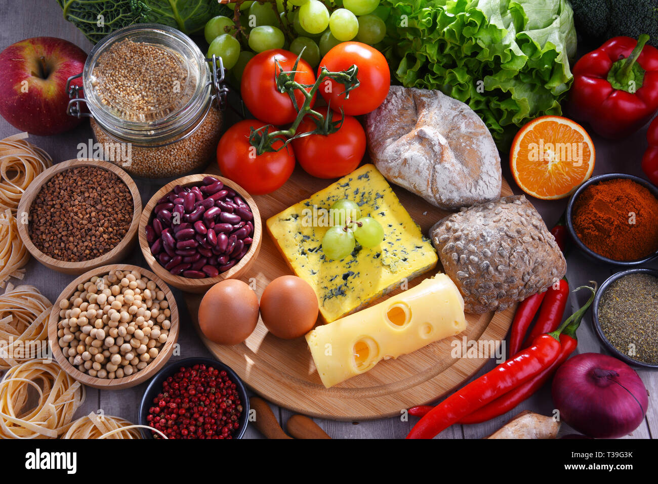 Composition with assorted organic food products on the table Stock ...
