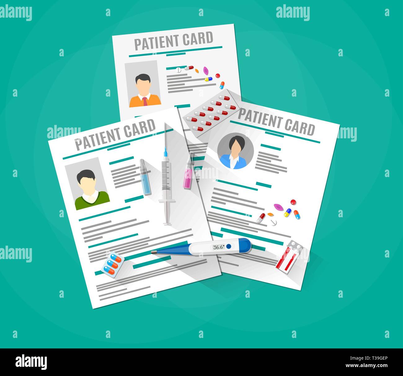 Patient cards and thermometer. pills, capsules, syringe, tablets ...