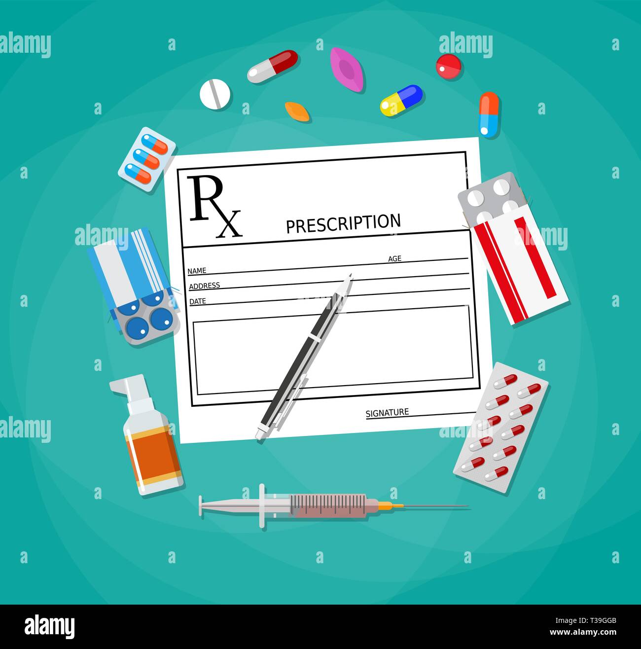 prescription and pen. pills, capsules, syringe, tablets. Healthcare ...