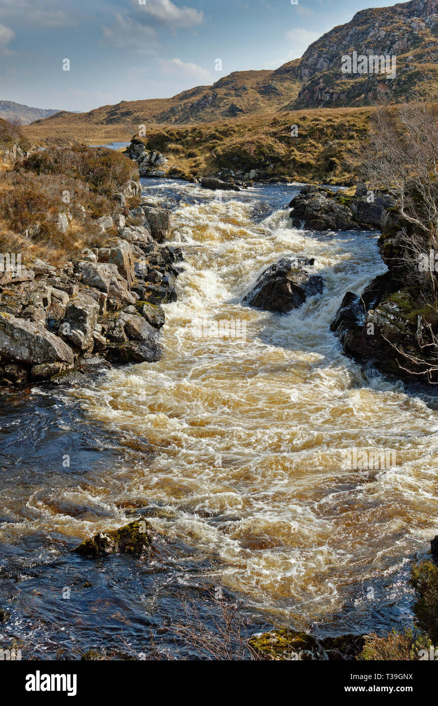 LOCHINVER SUTHERLAND SCOTLAND RIVER KIRKAIG JUST BELOW SUILVEN MOUNTAIN ...