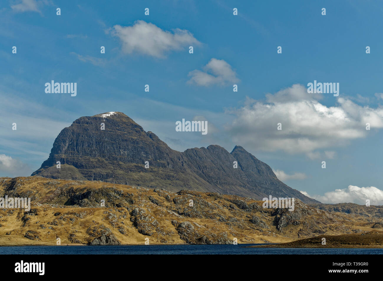 LOCHINVER SUTHERLAND SCOTLAND SUILVEN CLOUDS OVER THE MOUNTAIN AND SNOW ...