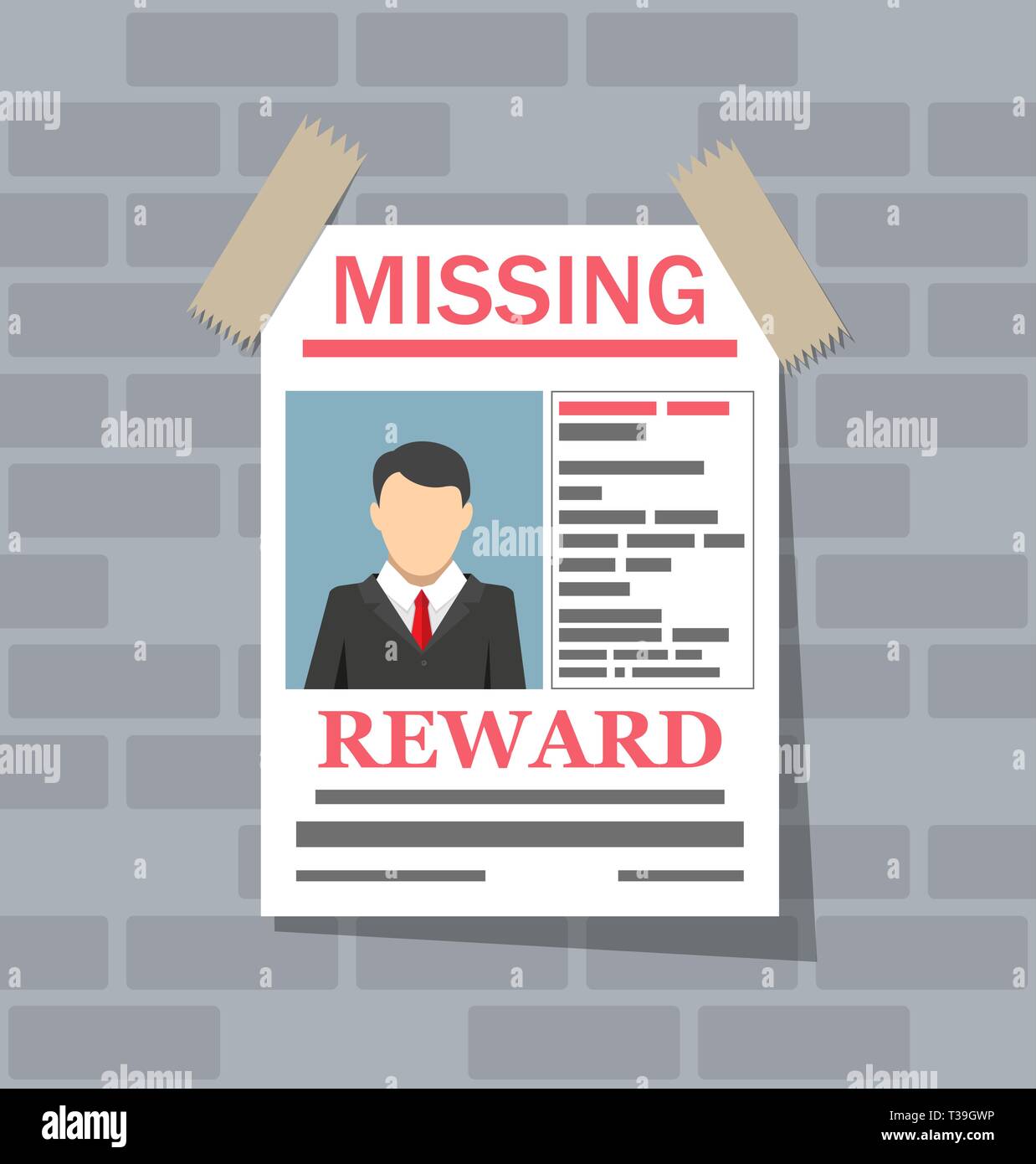 Wanted man paper poster. Missing announce on brick wall. vector ...