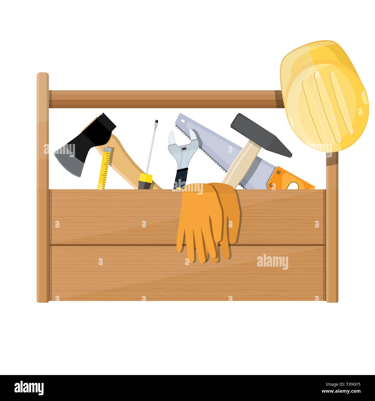 Wooden toolbox full of construction equipment. vector illustration in ...
