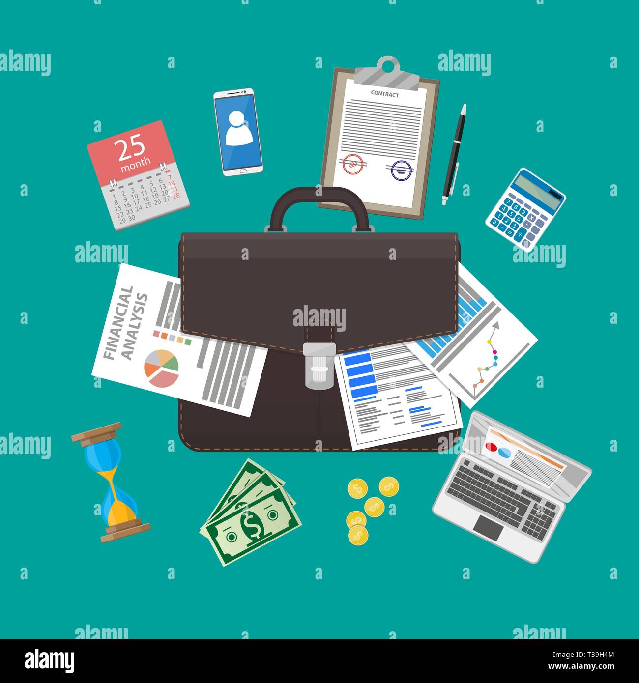leather briefcase and business items, management or finance workflow ...