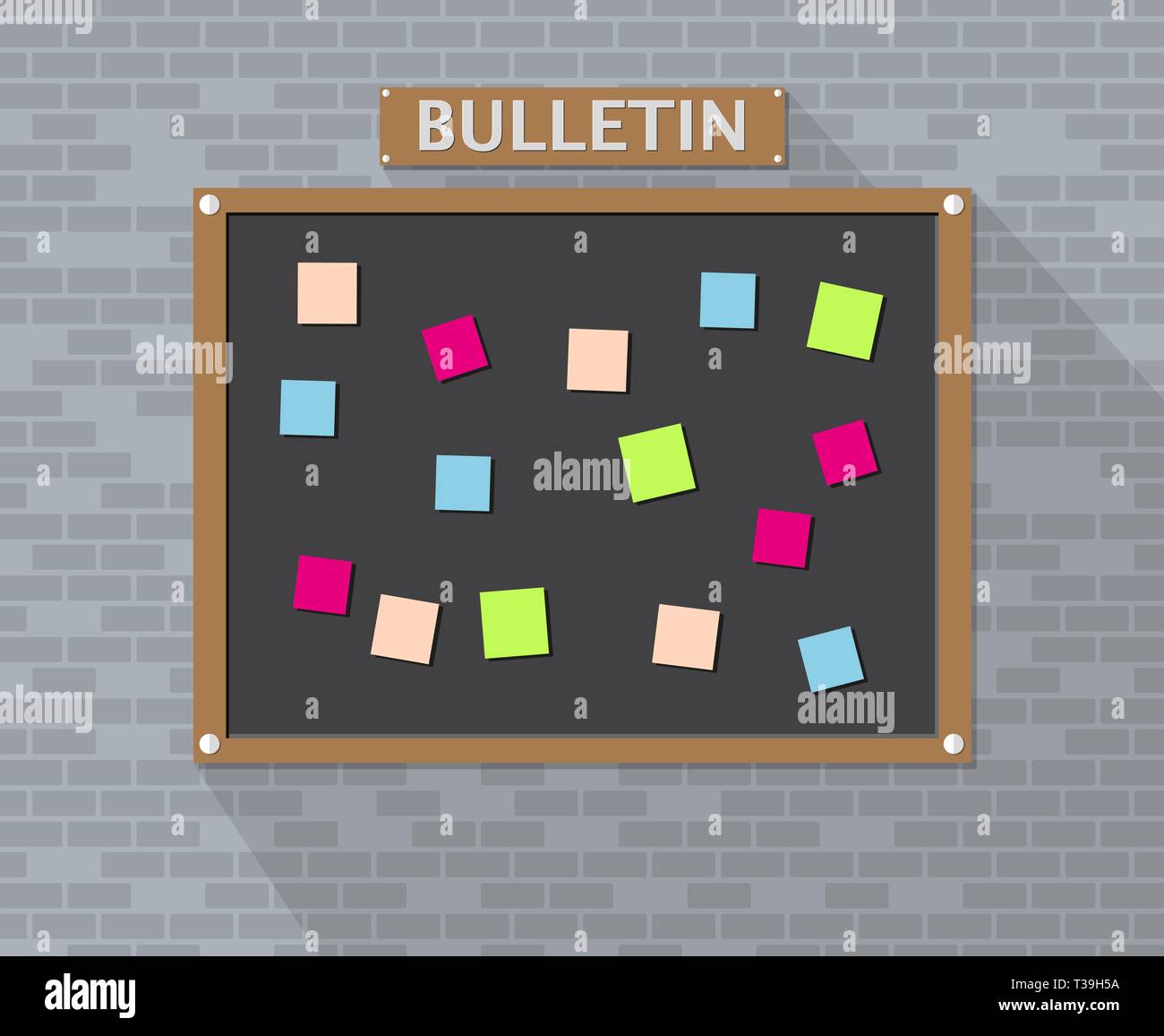 Bulletin board hanging on brick wall full of tasks on sticky note cards ...