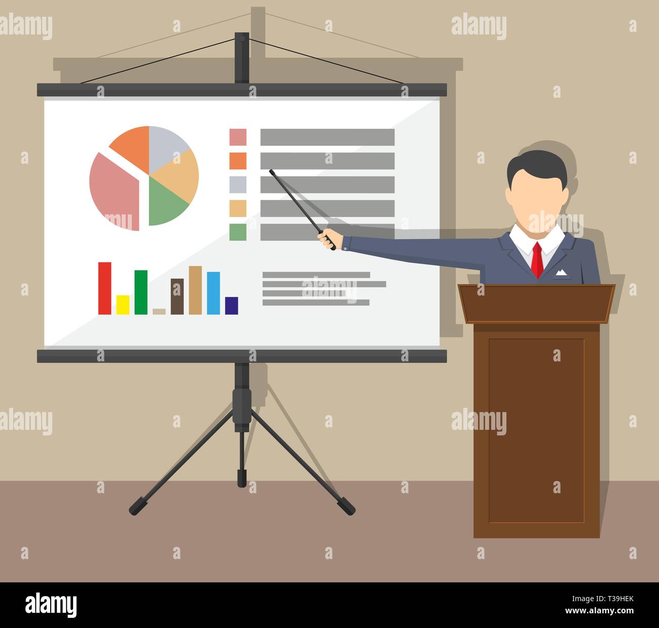 projector screen with chart pie and lecturer do presentation. Training ...